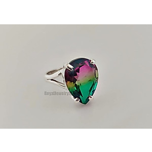 Multi Color Tourmaline Quartz Ring, Pear Shape Gemstone Ring, Handmade Ring, Women Ring, Gift For Her, All US Ring Size (Yellow Gold Plated Silver, 9)