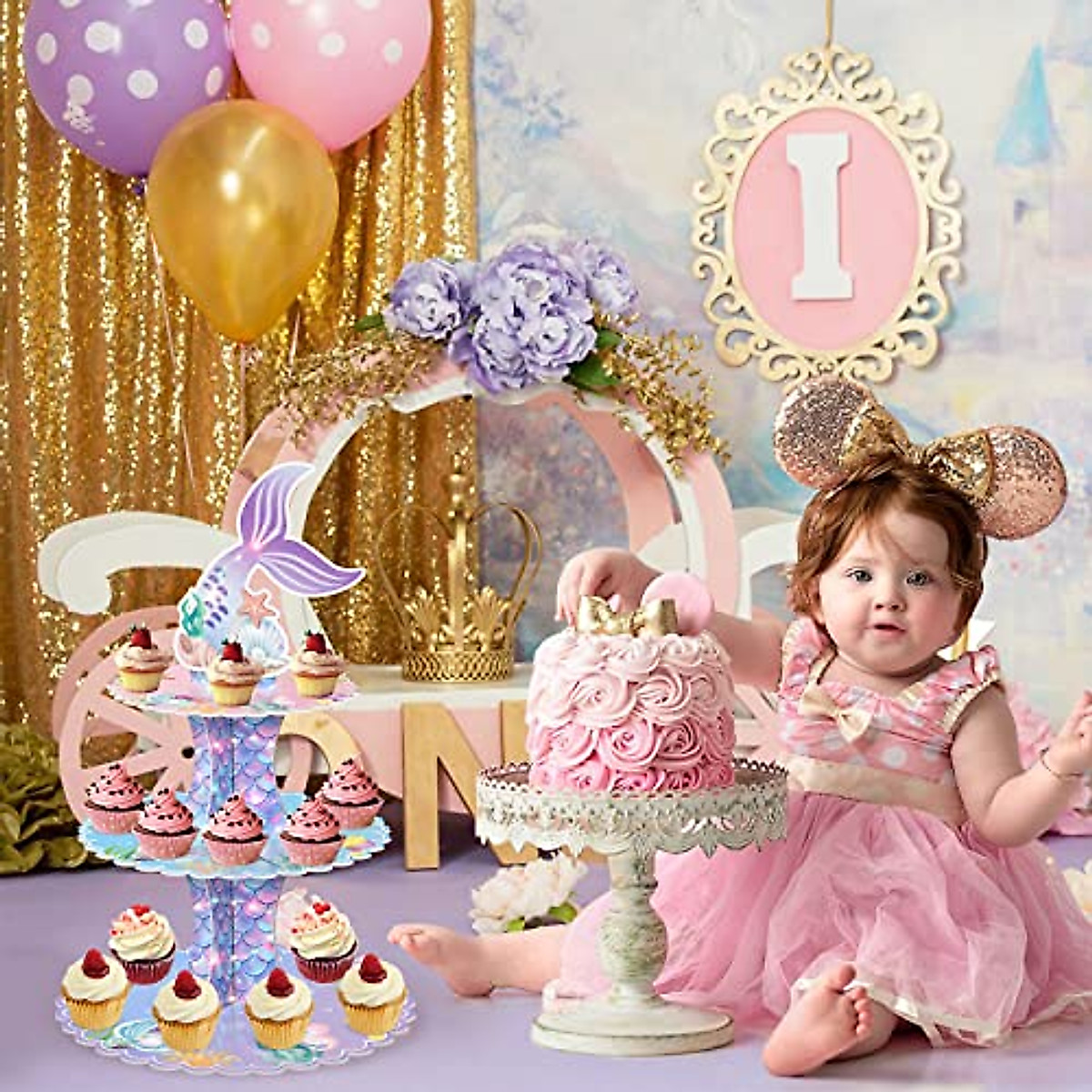 Mermaid Cupcake Stand with LED Light, 3 Tier Mermaid Party Supplies Mermaid Tail Cupcake Stand Holder for 24 Cupcakes for Girls Under The Sea Mermaid Theme Party Baby Shower Birthday Party Favors