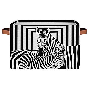 Funky Qiu African Animal Zebra Storage Basket Cube Black White Large Toys Storage Box Bin with Handle Collapsible Closet Shelf Cloth Organizer for Nursery Bedroom,15x11x9.5 in,2 Pack