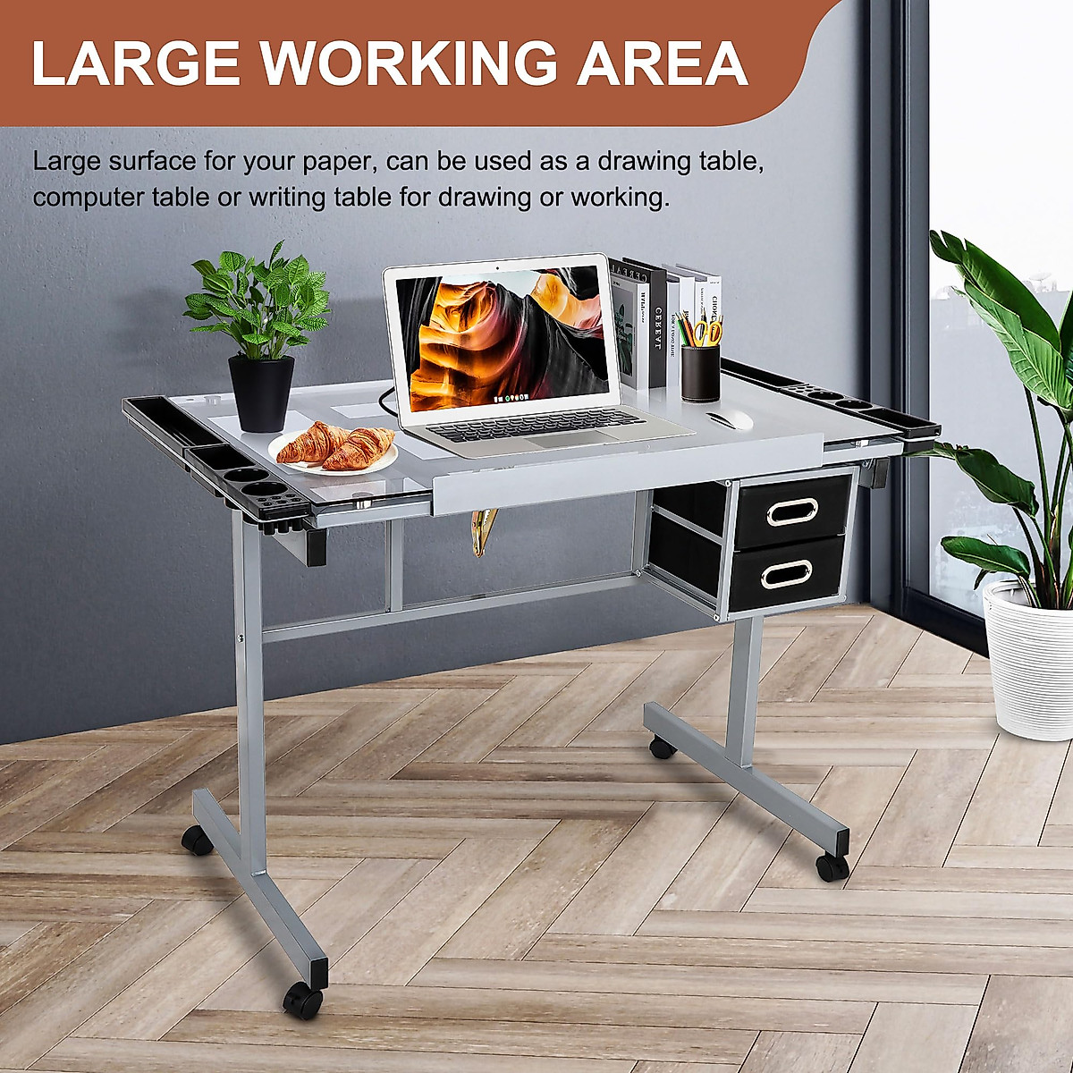 Nova Microdermabrasion Glass Top Drafting Table with Storage, Adjustable Drawing Desk Rolling Art Craft Station Writing Work Table with Drawers & Wheels