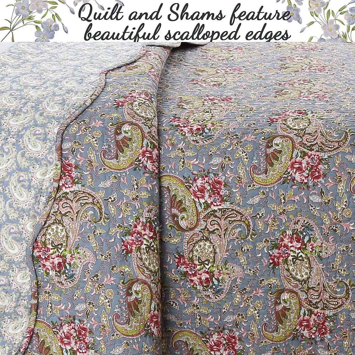 Cozy Line Home Fashions Cottage French Floral Country 100% Cotton Reversible Bedding Quilt Set, Bedspread, Coverlet (Provence Garden, Queen - 3 Piece)