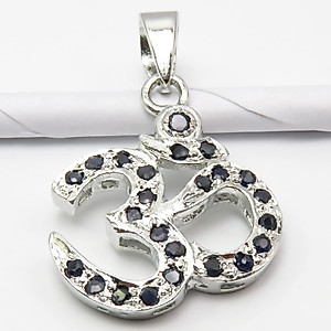 SilverStarJewel 925 Solid Silver Round Sapphire tcw 0.8 Om Ohm Religious Pendant 1.1" Gift Jewelry