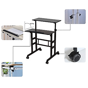 SDADI 2 Inches Carpet Wheels Mobile Desk Stand Up Height Adjustable Home Office with Standing and Seating 2 Modes for Room, Black