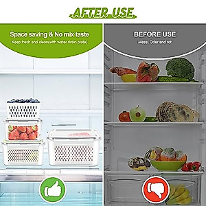 ODOMU 3 Pack Fridge Berry Storage Container with Lids with Strainer, Plastic Fresh Produce Saver Keeper for Vegetable Fruit Meat Lettuce, BPA Free Kitchen Refrigerator Organization (3.15L+1.7L+0.8L)