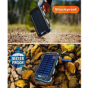 Solar Charger Power Bank 20000mAh, Portable Solar Pone Charger with Compass,Carabiner, Whistle,Flashlights,Solar Panel Charger,Camping Gear Accessory (Blue)