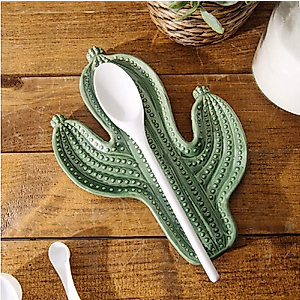 Green Cactus Shape Spoon Rest, By Glaver's - Kitchen Utensil, Ceramic Spoon Rest Rustic Farmhouse Design - For Stove Top and Kitchen Counter. Dishwasher Safe.