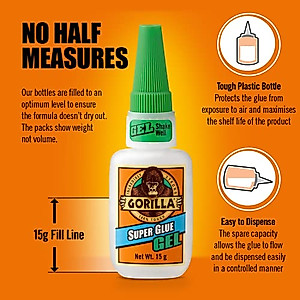 Gorilla Super Glue Gel, 15 Gram, Clear, (Pack of 1)