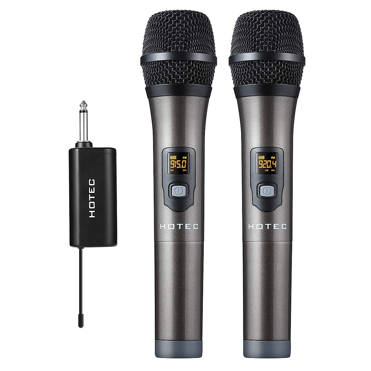 HOTEC UHF Wireless Dual Handheld Microphones with Rechargeable 1/4” Output Mini Portable Receiver for Live Performance Over PA, Mixer, Speaker (H-U26C)