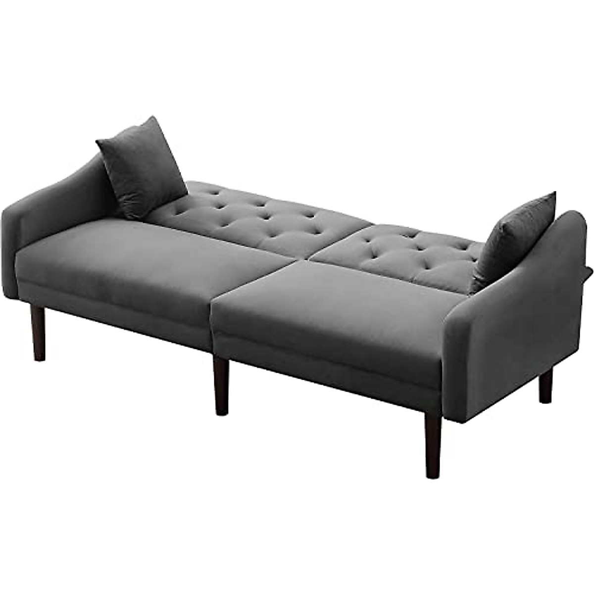 DNYN Convertible Sleeper Futon Sofa with 2 Pillows, Velvet Tufted Couch w/Metal Legs and Adjustable Backrest, for Apartment Office Small Space Living Room Furniture, Gray