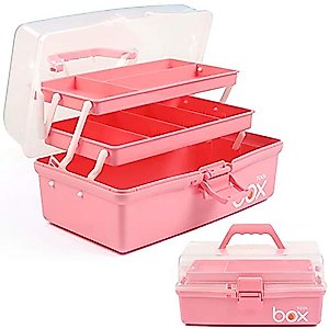 TERGOO 12in Three-Layer Multipurpose Storage Box Organizer Folding Tool Box/Art & Crafts Case/Sewing Supplies Organizer/Medicine Box/Family First Aid Box with 2 Trays (Pink)
