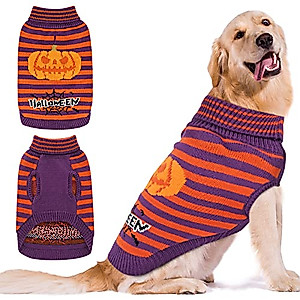 HUMLANJ Halloween Dog Turtleneck Sweater Pumpkin Striped Pet Dog Sweaters Winter Knitted Sweater with Leash Hole Warm Pullover Sleeveless for Large Dogs