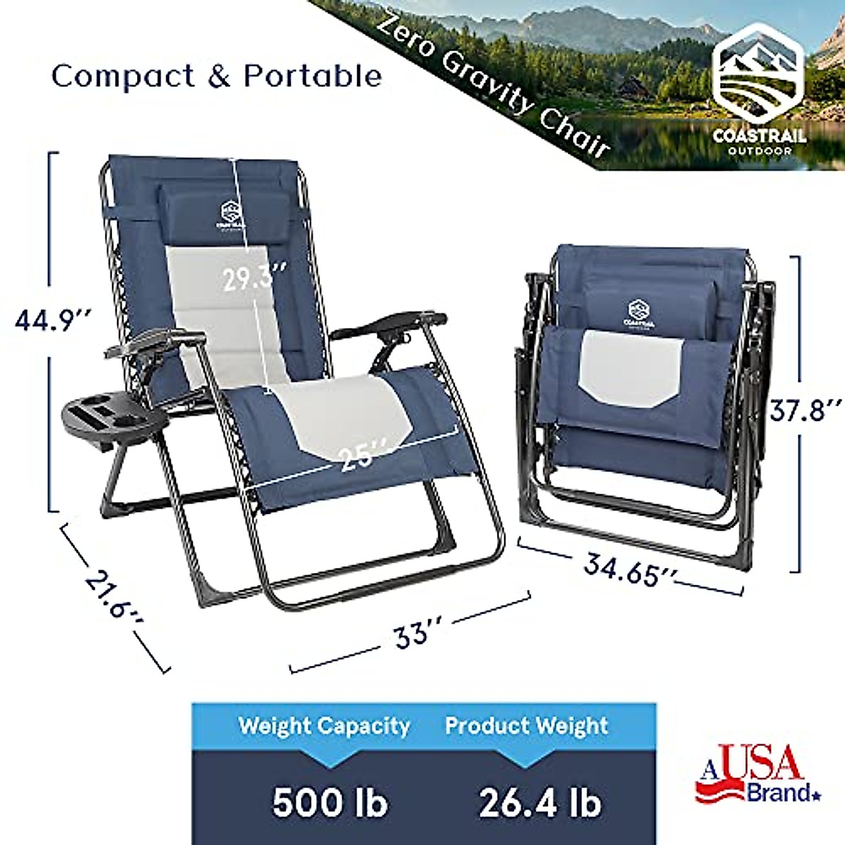 Coastrail Outdoor Zero Gravity Chair Premium Large Armrest Padded Comfort Folding Patio Lounge Adjustable Recliner with Cup Holder & Side Table, 500lb Capacity, Navy/Grey