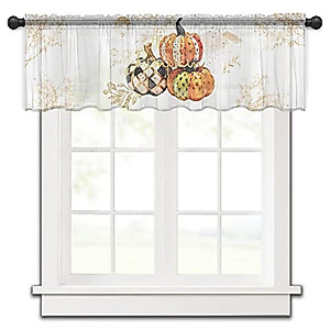 Chiffon Window Valance Kitchen Curtains Fall Thanksgiving Pumpkin White,Rod Pocket Tier Curtain Light Filter Panel,Farmhouse Gold Foil Botanical Windows Valances Drapes for Bedroom,Bathroom 54x18In