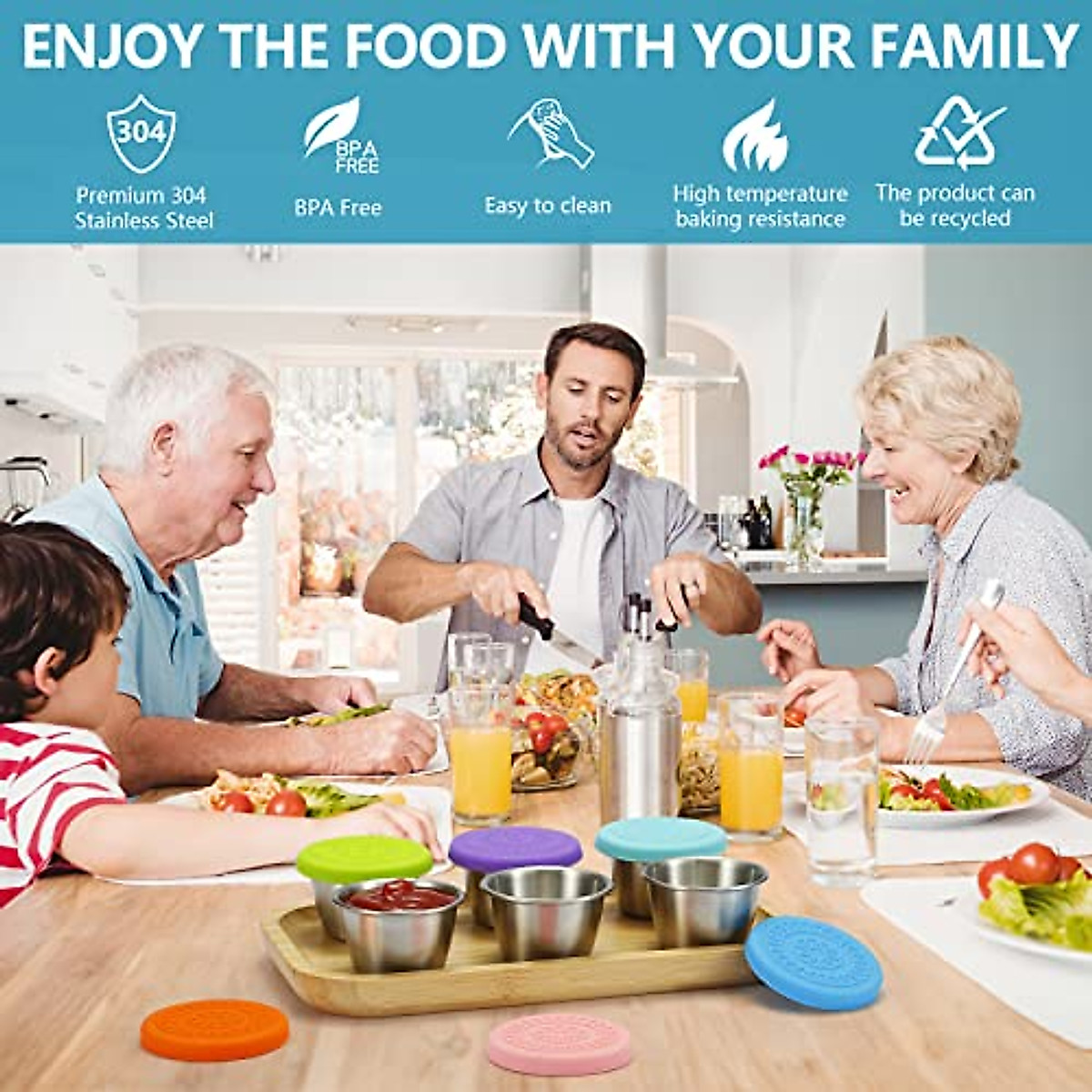 VERFOU Salad Dressing Condiment Container with Lid, 4 Pack 2.7oz Reusable Dip Cup, 304 Stainless Steel Small Food Storage Container with Silicone Lid, Leakproof Sauce Cup Easy Open for Lunch Box