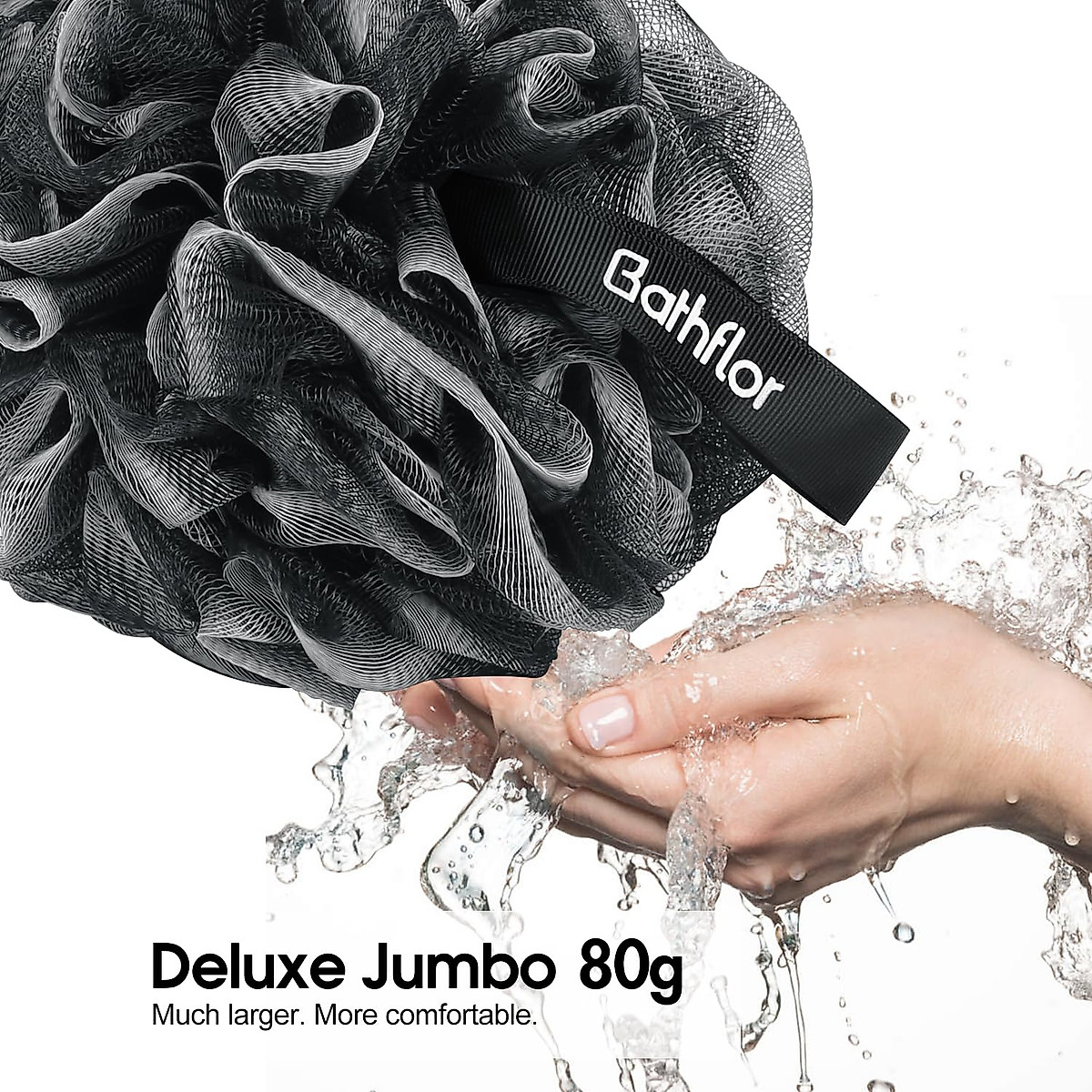 Bathflor Loofah Sponge Exfoliating Body Scrubber: 4PCS Extra Large 80g Shower Loofahs Poufs, 1PCS Long Handle Loofa Back Scrubber, 1PCS Luffa Hook, Charcoal Loofah Pack for Women Men Bath Wash, Black