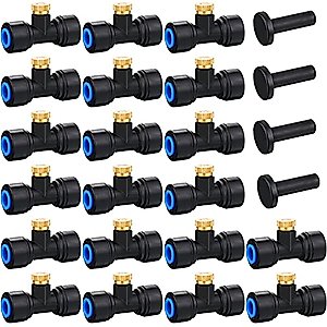 Hotop Brass Misting Nozzles 1/4 Inch Slip Lock Mister Nozzles Thread Misting Nozzle Tees with Plugs for Outdoor Cooling System Patio Misting System (20)