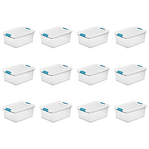 Sterilite 15 Qt./14 L Latching Box Clears, Quart, White, 12 Piece & 19638606 Large Clip Box, Clear with Blue Aquarium Latches, 6-Pack