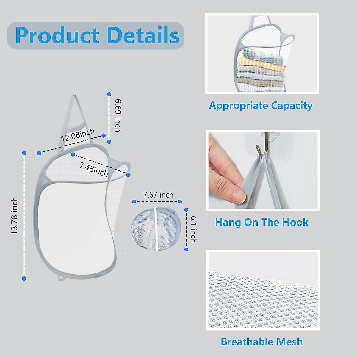 ATCYMI Hanging Laundry Hamper 2 Pack Mesh Laundry Basket Foldable Hamper Collapsible Dirty Clothes Hamper Wall Mounted Storage Bag (Gray)