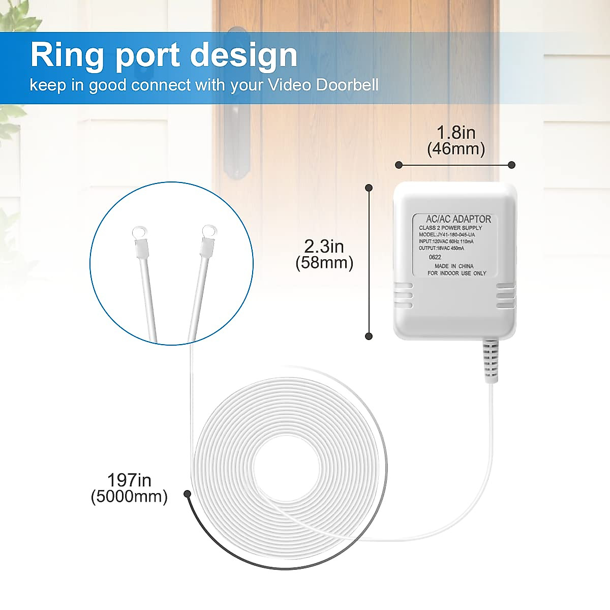 LANMU 18V Power Adapter Compatible with Nest Hello Video Doorbell, Arlo and SimpliSafe Video Doorbell (16.4ft/5m)