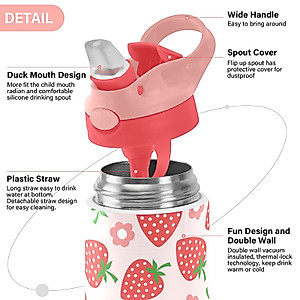 Children Insulated Water Bottles with Straw for School Kids Strawberry Cute Pink Stainless Steel Vacuum Double Wall Keeps Hot and Cold with Handles