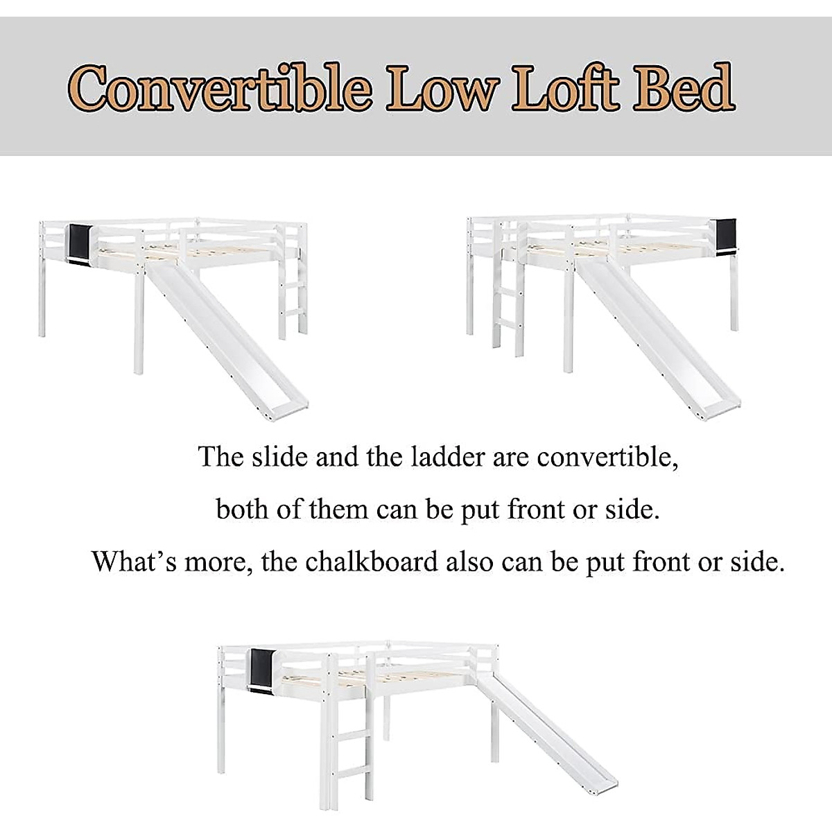 CITYLIGHT Full Size Loft Bed with Slide, Kids Low Loft Bed Frame with Chalkboard for Boys & Girls, Wood Full Slide Loft Bed with Under-Bed Space Storage (White, Full)