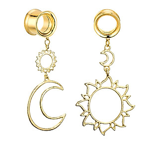 TBOSEN 2 Pairs Surgical Steel Ears Gauges Tunnels Plugs Moon Sun Design Dangle Charms Body Piercing Jewelry Earrings for Women 2g-5/8 in 6mm-16mm