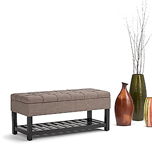 SIMPLIHOME Saxon 43 Inch Wide Transitional Rectangle Storage Ottoman Bench in Fawn Brown Linen Look Fabric, For the Living Room and Bedroom