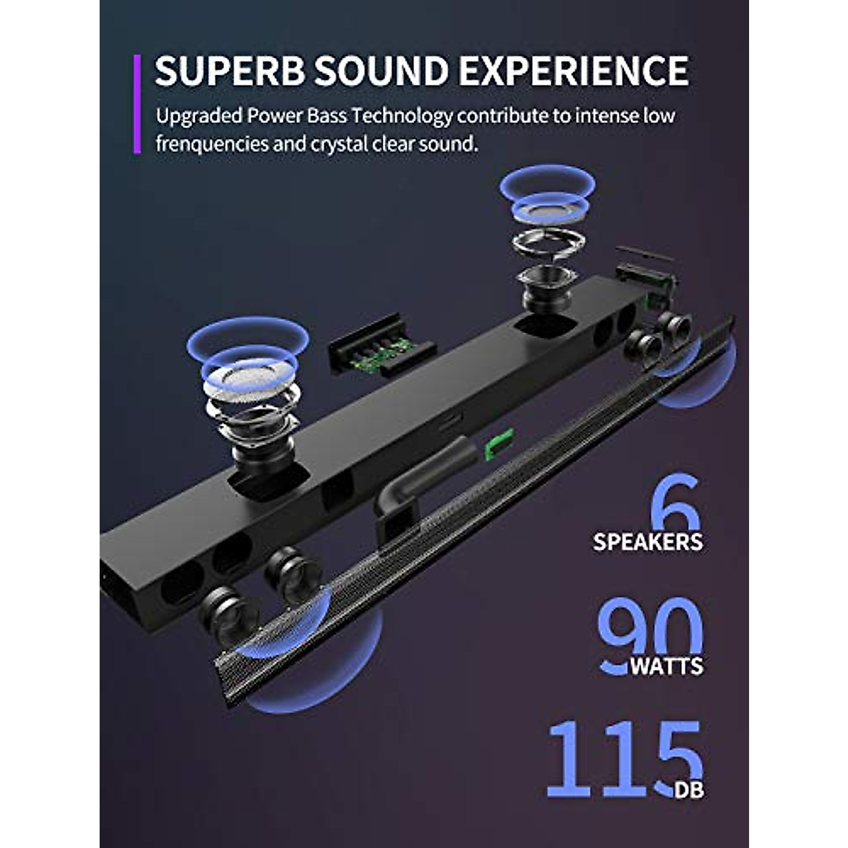 Sound Bar, Sound Bar with Dual Built-in Subwoofer, 38 Inch 2.1 Sound Bar for TV, 90W Wired & Wireless Bluetooth 5.0, HDMI/Optical/Aux/USB, Wall Mountable, Surround Sound System for Home Theater 2023