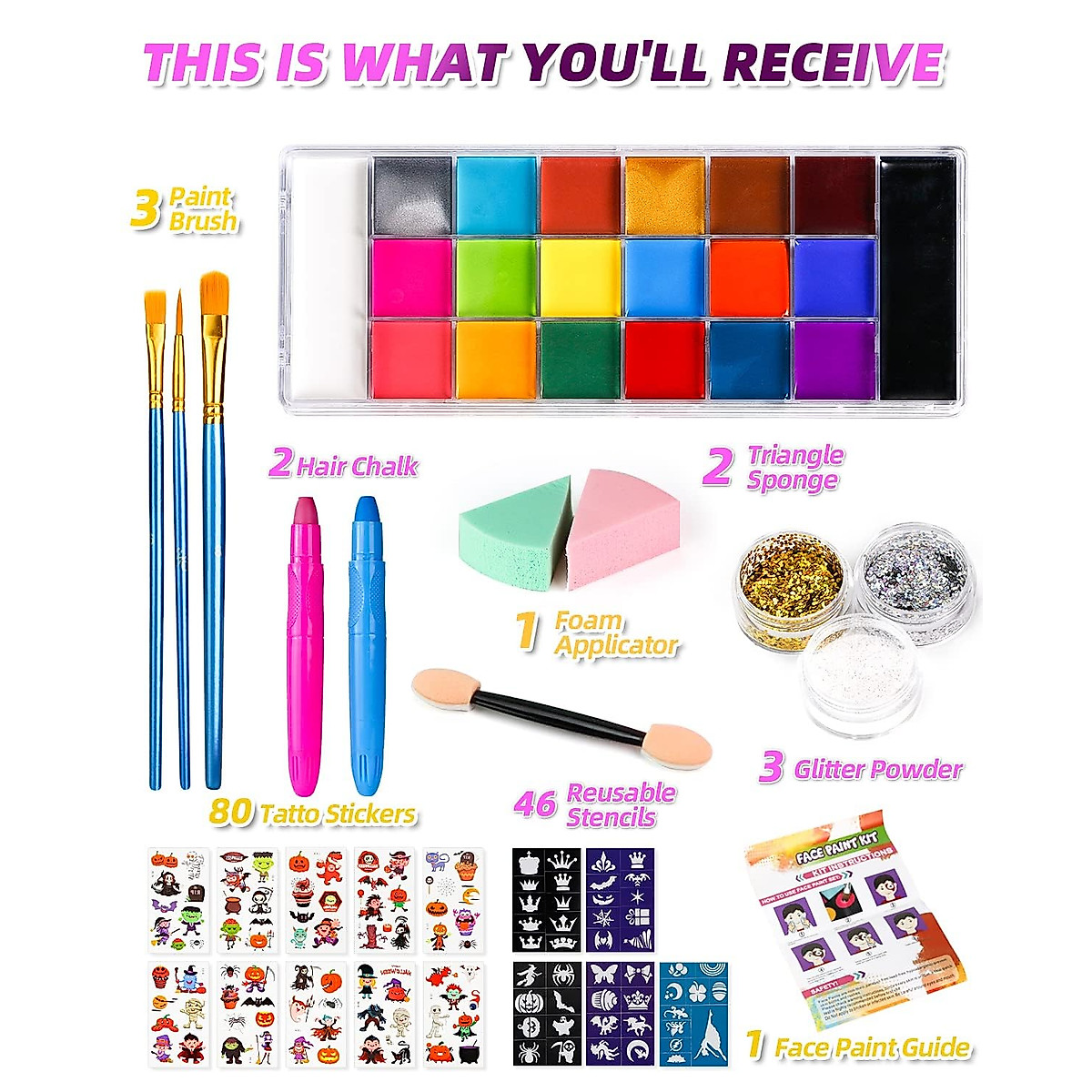 Fantastory Face Paint Kit 158pcs - 20 Colors with Glitters, Stencils, Hair Chalks, Tattoo Stickers, Brushes, Sponges & Guide - Professional Water-Based Body & Face Paint for Halloween, Suitable