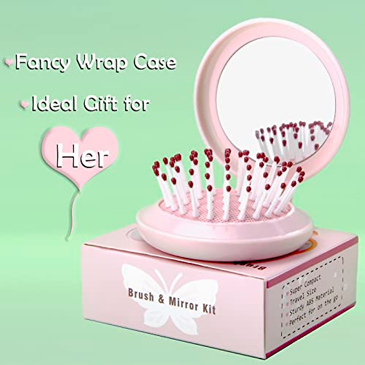 Mini Hair Brush for Purse, Small Portable Pocket Hair Brush with Mirror for Girls, Travel Size, Pink