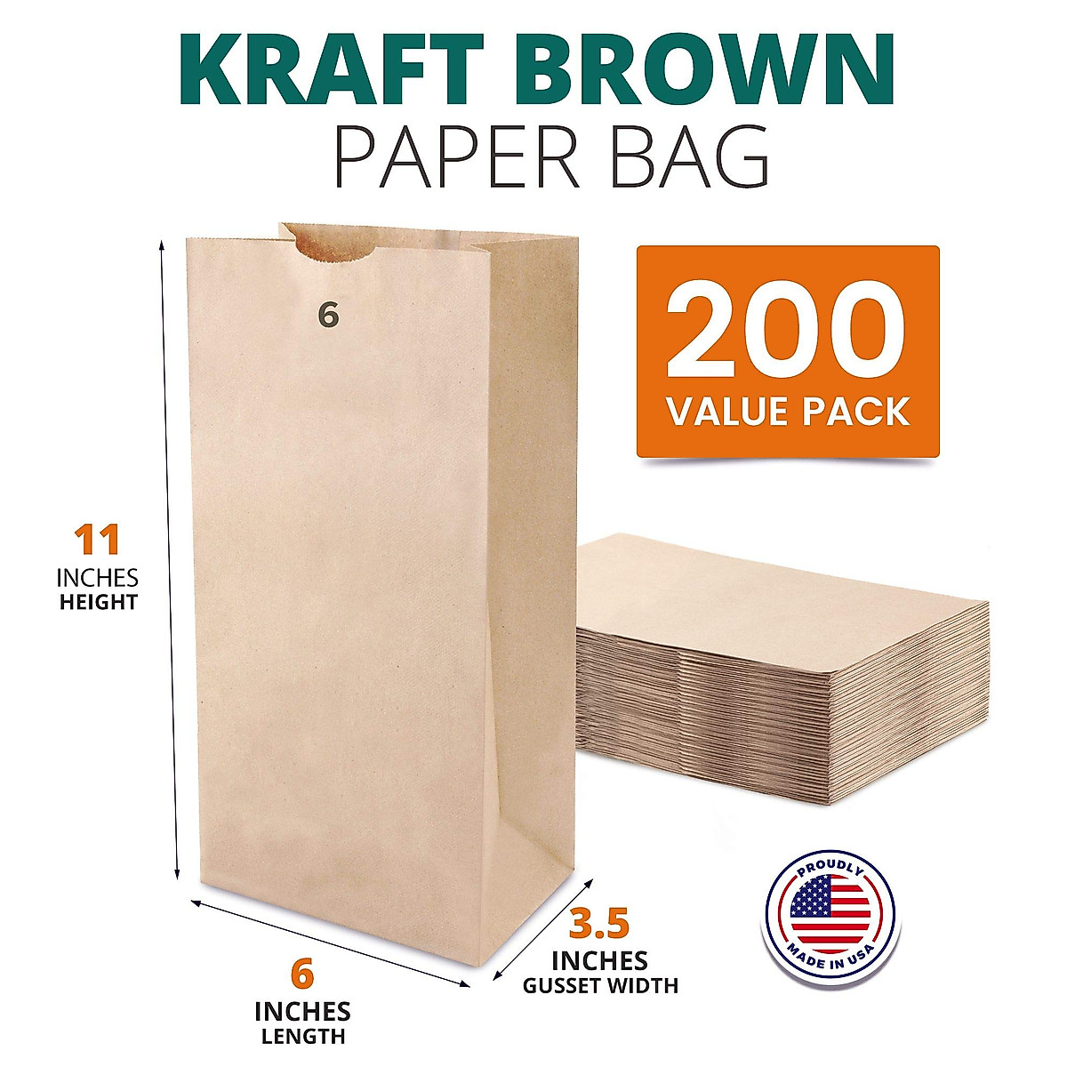 Fit Meal Prep 200 Pack 6 lb Brown Paper Lunch Bags, 11 x 6 x 3.5" Premium Kraft Paper Bags Bulk for Small Business, Recyclable Paper Snack Sacks, Durable Paper Grocery Bag for Food Storage, Packing