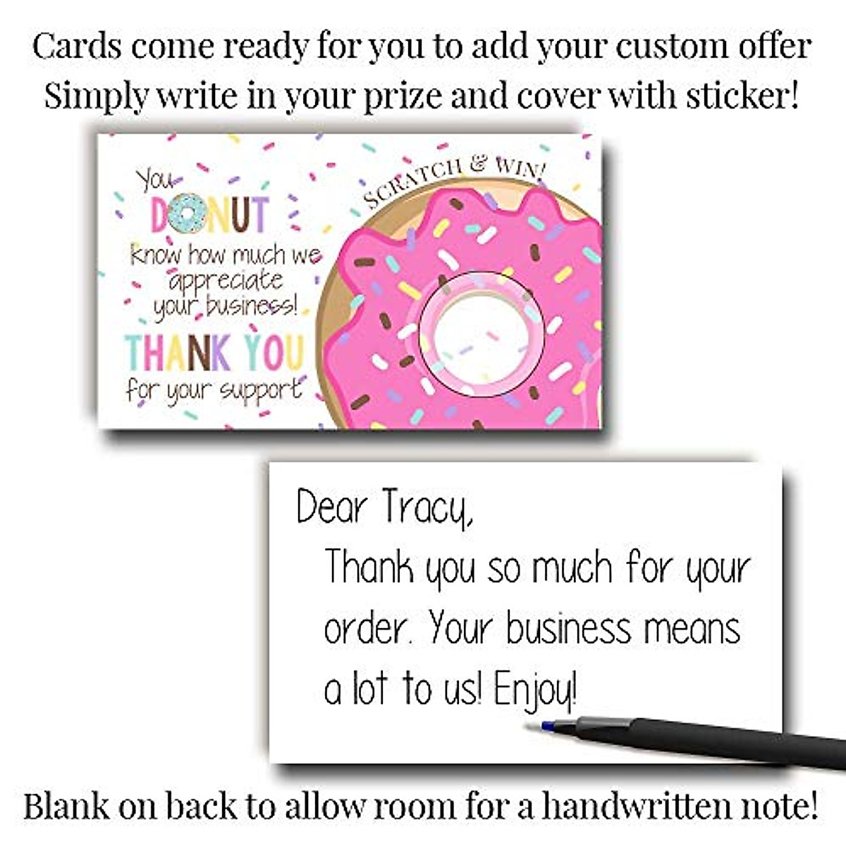 Donut Themed Scratch & Win Customer Appreciation Package Inserts for Small Businesses, 20 2" X 3.5” Single Sided Insert Cards with Scratch Off Stickers included by AmandaCreation