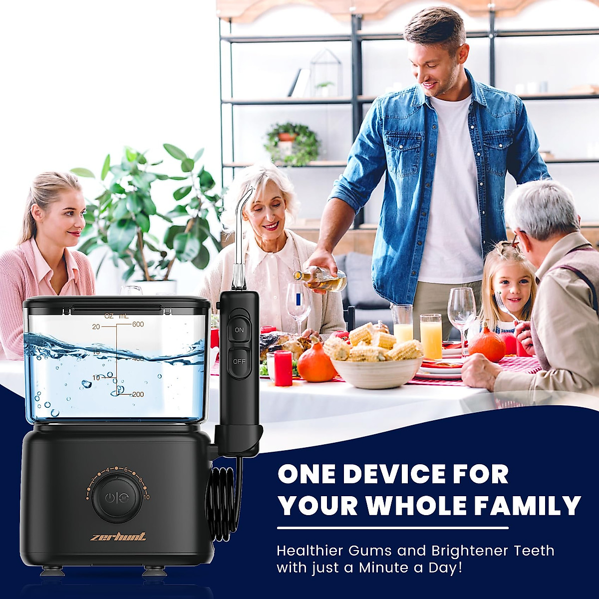 Dental Water Flosser Teeth Cleaner - Zerhunt High Frequency Pulsed Water Flosser Electric Oral Irrigator with 5 Interchangeable Nozzles for Braces, Implants, Bridges, 600ML Large Capacity Black