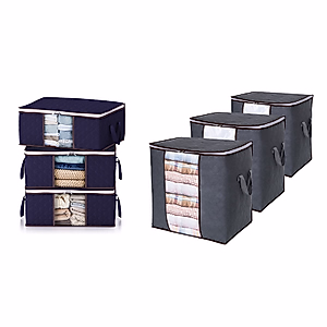 Lifewit 3 Pack 35L Clothes Storage Bag Organizer (Blue), Bundle with 3 Pack 90L Clothes Storage Bag (Grey)