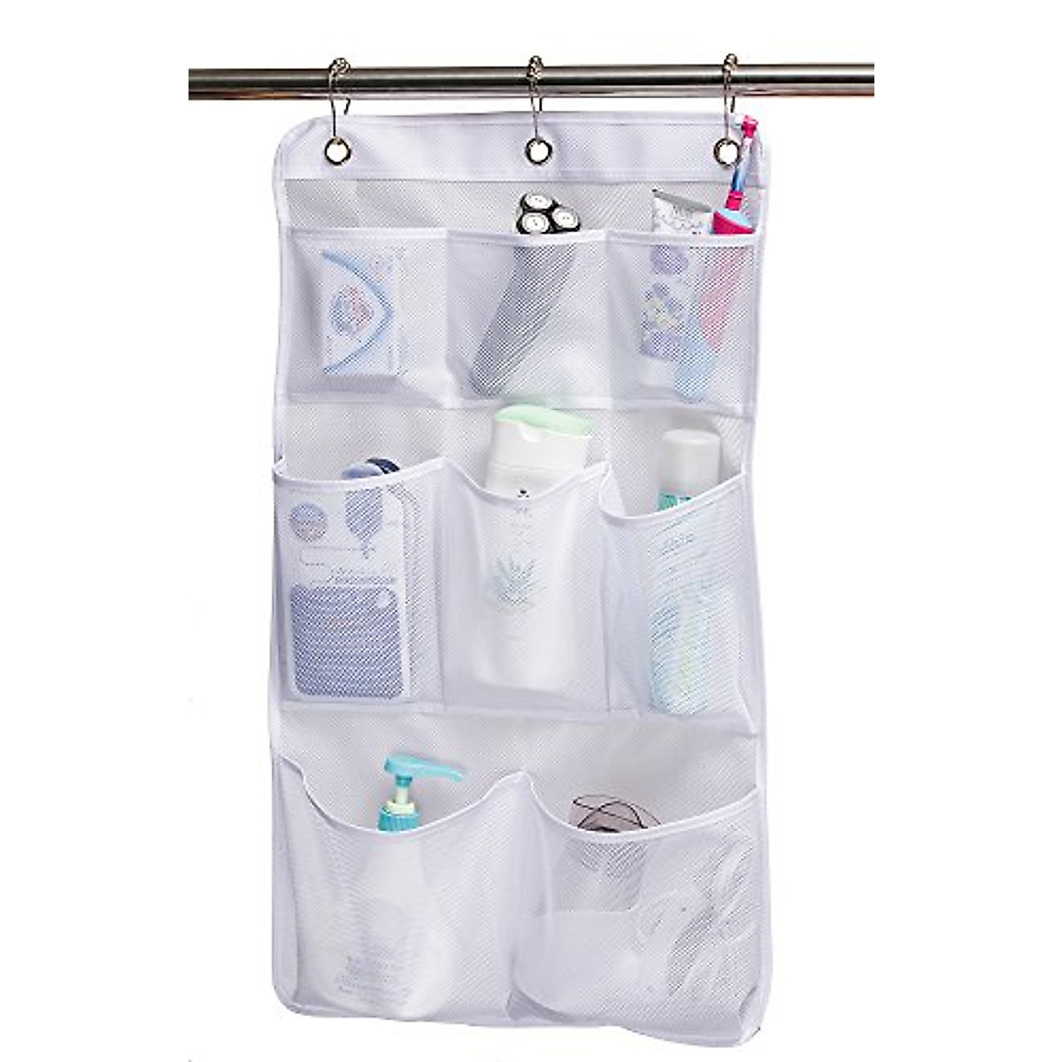 KIMBORA Mesh Shower Organizer Hanging Bathroom Caddy 8 Pockets Hang Curtain Rod with 3 Rings