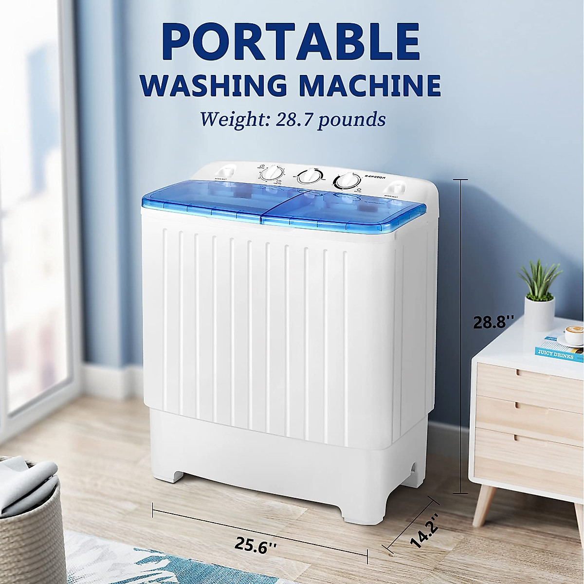 BANGSON Portable Washing Machine, Mini Twin Tub Washer and Dryer Combo with 17.6 lbs Large Capacity, Portable Washer for Apartment, Dorm, RV, Camping, Home, 25.6x14.2x28.8 inches, White & Blue