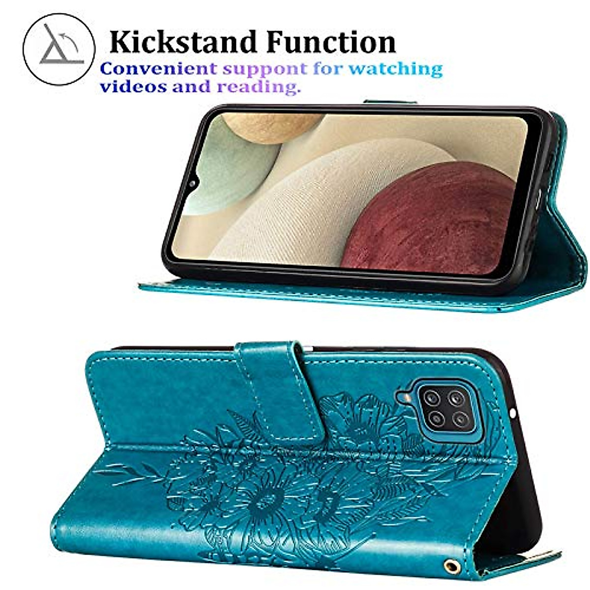 A12 Phone Case Wallet,for Galaxy A12 Case,[Kickstand][Wrist Strap][Card Holder Slots] Butterfly Floral Embossed PU Leather Flip Protective Cover for Samsung A12 Case (Blue)