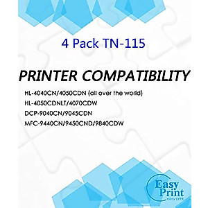 EASYPRINT (4-Pack) Compatible TN115 TN-115 Toner Cartridge Work for Brother HL-4040CN 4050CDN 4070CDW MFC-9440CN 9450CDN 9840CDW DCP-9040CN 9045CDN Printer, (1 Black 1 Cyan 1 Magenta 1 Yellow)