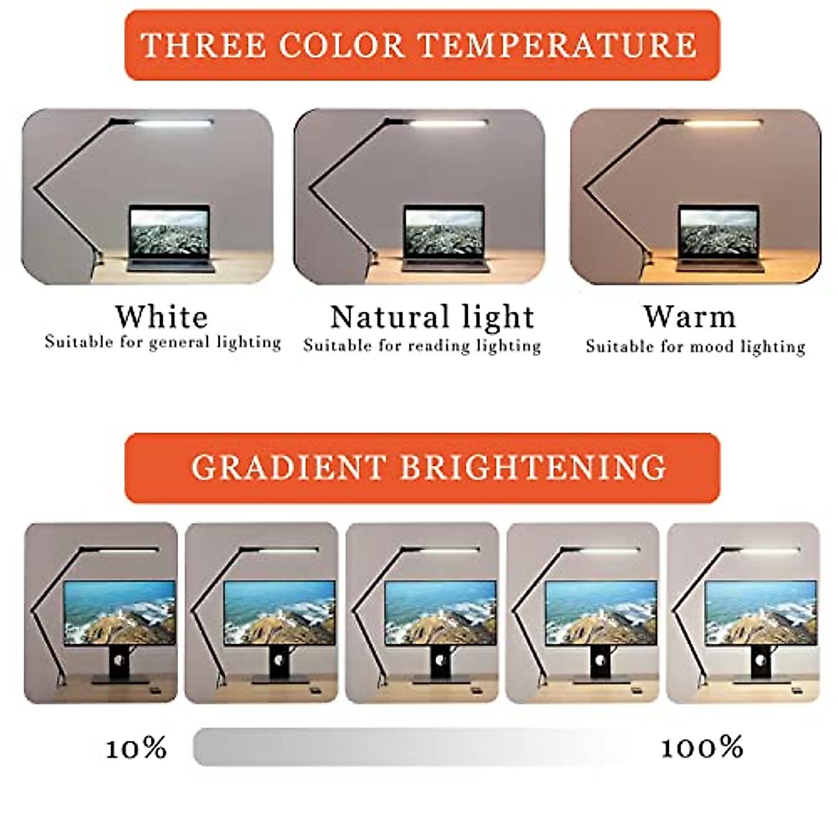 Desk Lamp with Clamp Eye-Care Swing Arm Desk Lamp Stepless Dimming Adjustable Color Temperature Modern Architect Lamp with Memory Timing Function for Study