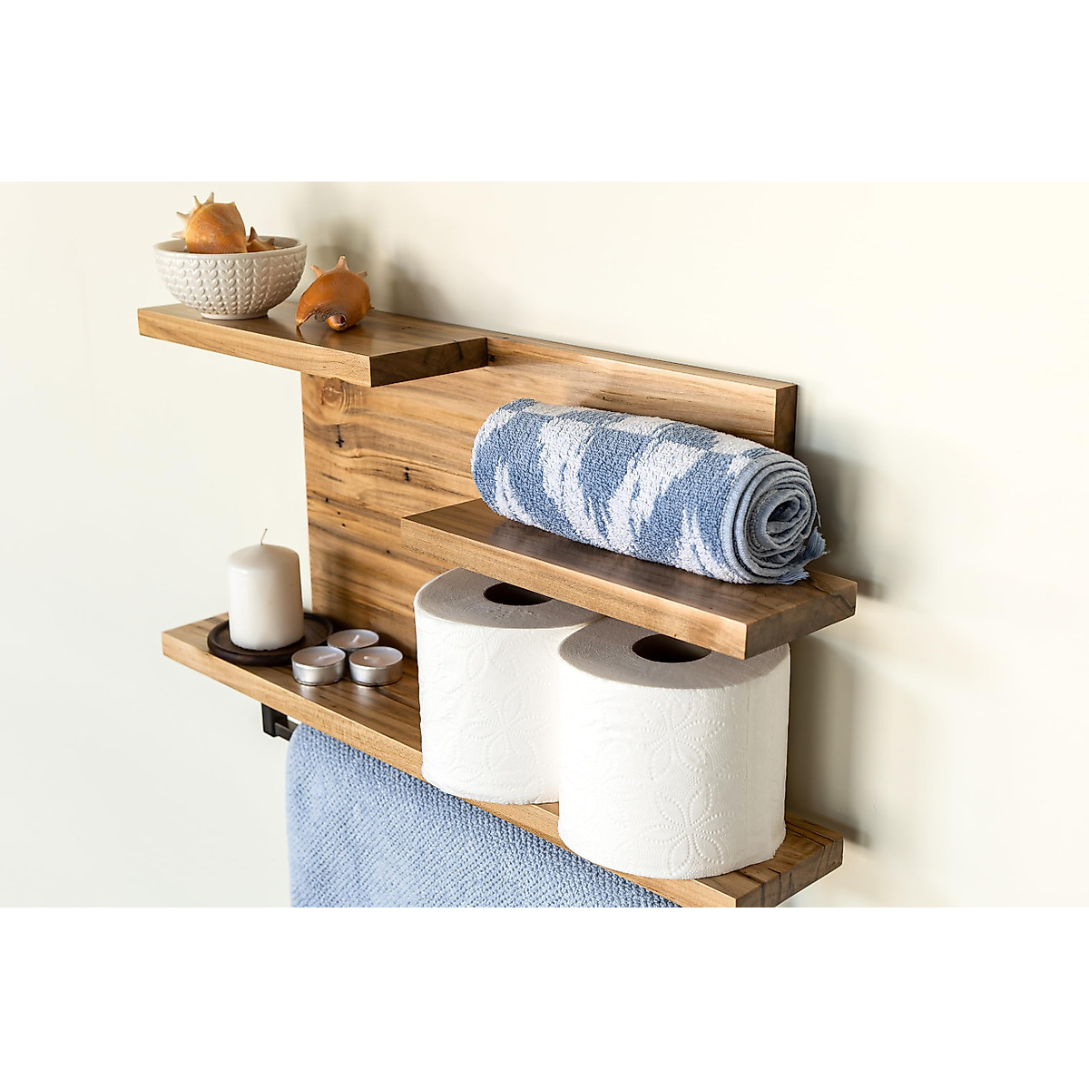 Straga Rustic Wall Mounted Bathroom Shelves - 23" Hardwood Shelf Organizers with 18" Towels Holder - A Modern Addition To Your Bathroom, Powder Room, Guest Bathroom and More (Wormy Maple)