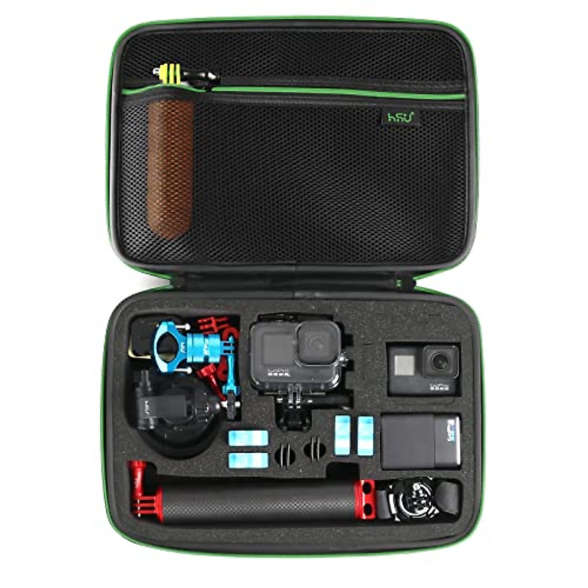 HSU Large Carrying Case for GoPro Hero 10 Hero 9 Hero 8 and Accessories, DJI Osmo Action,AKASO,Campark,YI Action Camera and More (Upgrade Sponge Precut Slots) (Green)