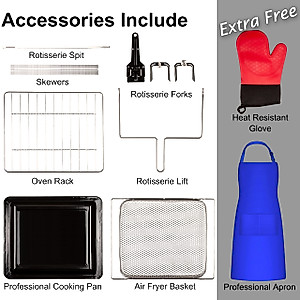 EUROTO Stainless Steel Large Capacity 26.8 QT Air Fryer Oven, 24 in 1 Multi-function, 360 Air Circulation Toaster Oven, LCD digital Display, 4 Layer Shelves, Included Oven Gloves & Apron Up to 450°F