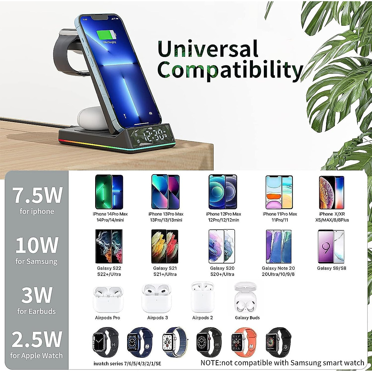 Wireless Charging Station, 5 in 1 Wireless Charger [with Alarm/Clock/Night Light] 15W Wireless Charging Dock Stand for iPhone 14/13/12/11,Samsung Phones,Apple Watch Series & Airpods