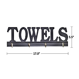 Black Wood Towel Hooks for Bathroom Decorative Cutout Word Sign Wall Decor, Wall Mounted Towel Rack Hanger Hanging Word Sign with 4 Hanging Hooks