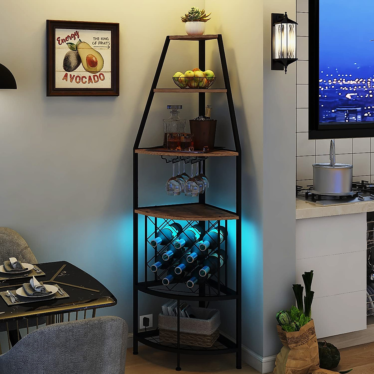 Espelism 5-Tier Corner Wine Rack with LED Light Floor Standing Wine Rack with Glass Holder and Bottles Wine Storage Home Bar Furniture for Kitchen Living Dining Room (Rustic Brown)