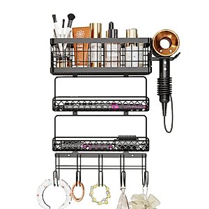 RoleDes Hair Tool Organizer Wall Mount Metal Hair Dryer Holder with 3 Tier Shelf Storage Wire Basket Hook, Hot Tools Organizer Cabinet Door Flat Iron Holder for Blow Dryer, Curling Iron, Straightener