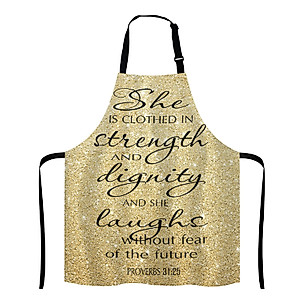 Lefolen Proverbs 31:25 Adjustable Bib Apron Bible Verse Gold Sparkles Glitter Pattern Print Cooking Kitchen Apron for Men Women
