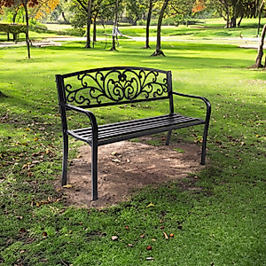 flybold Outdoor Bench Garden Bench with Armrests Steel Metal Bench for Outdoors Lawn Yard Porch - Black Walnut