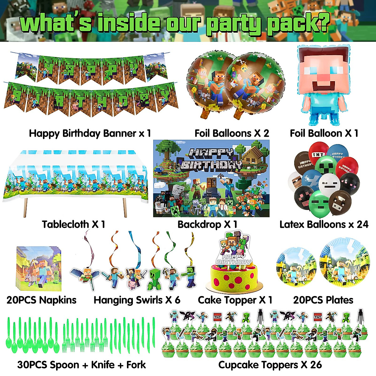 Birthday Party Supplies - 203pcs Birthday Party Supplies Decorations - Party Supplies include Banner, Backdrop, Tablecloth, Cake Toppers, Balloons, Hanging Swirls