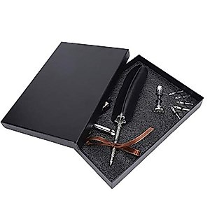 Zerodis Feather Pen, Feather Calligraphy Pen Quill Pen Set Student Writing Ink Stationery Romantic Valentine(black)